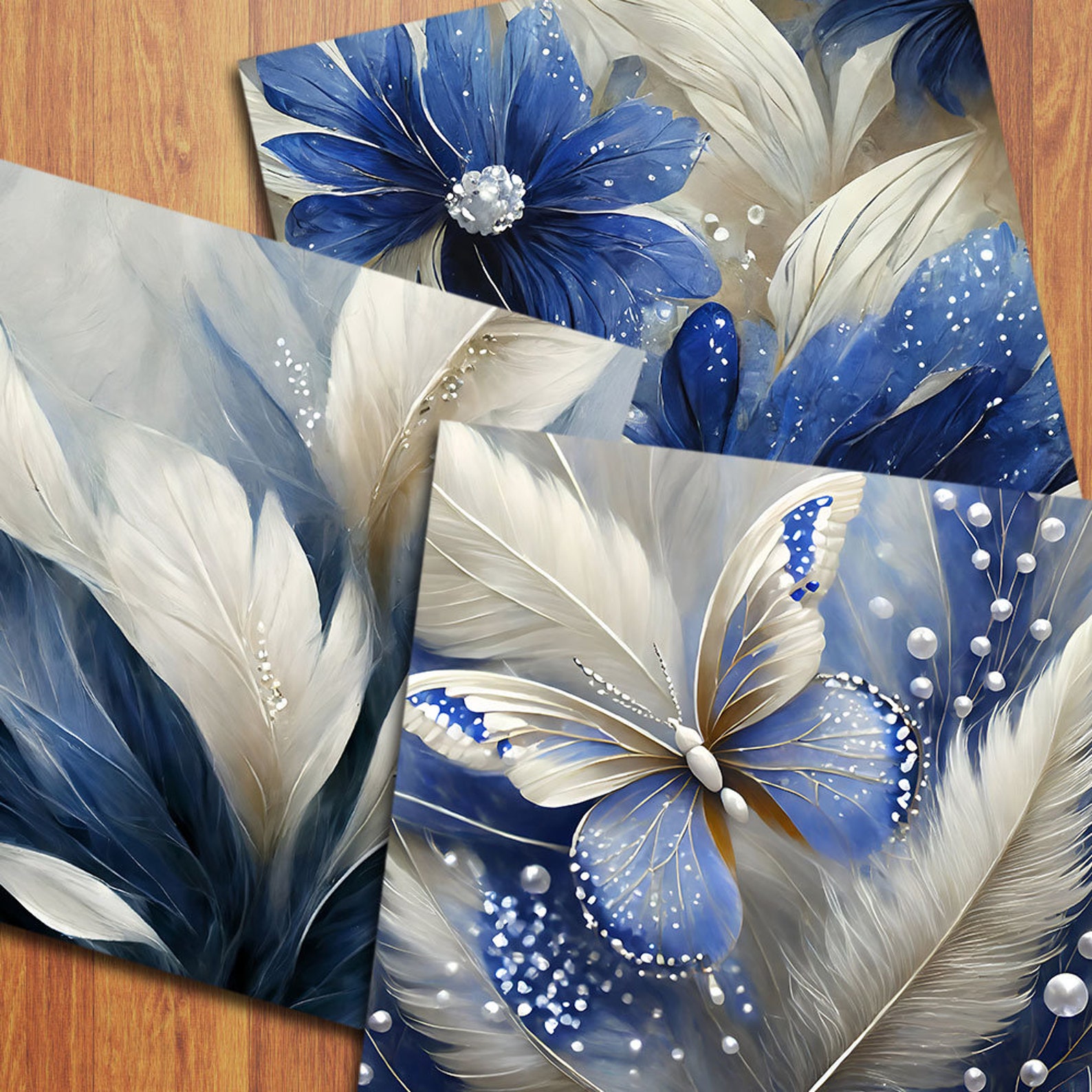 Blue Luxury Digital Paper, Blue Flowers Scrapbook Papers, Blue and ...