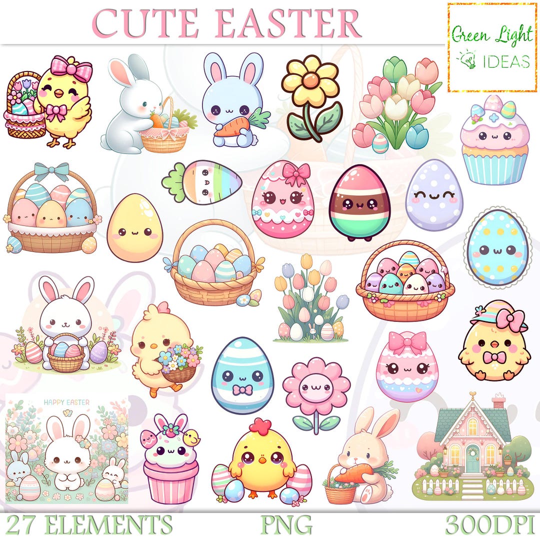 Cute Easter Clipart, Kawaii Bunny Sublimation Graphics, Easter Chicken ...