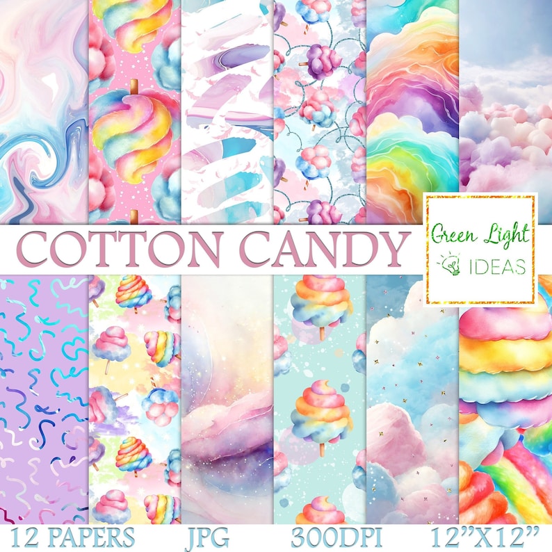 Cotton Candy Digital Papers, Watercolor Desserts Backgrounds, Clouds ...