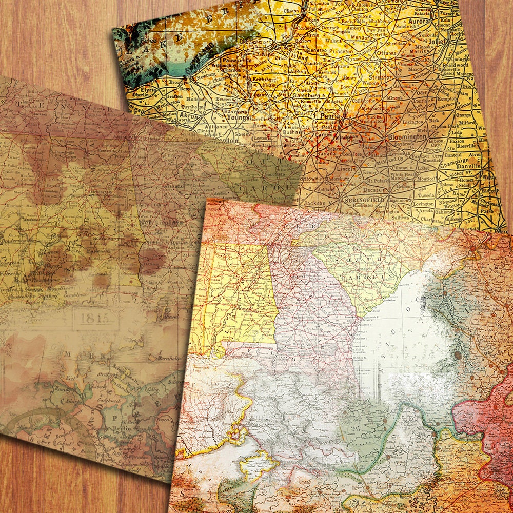 Vintage Maps Digital Papers, Ephemera Scrapbook Papers, Old Maps ...