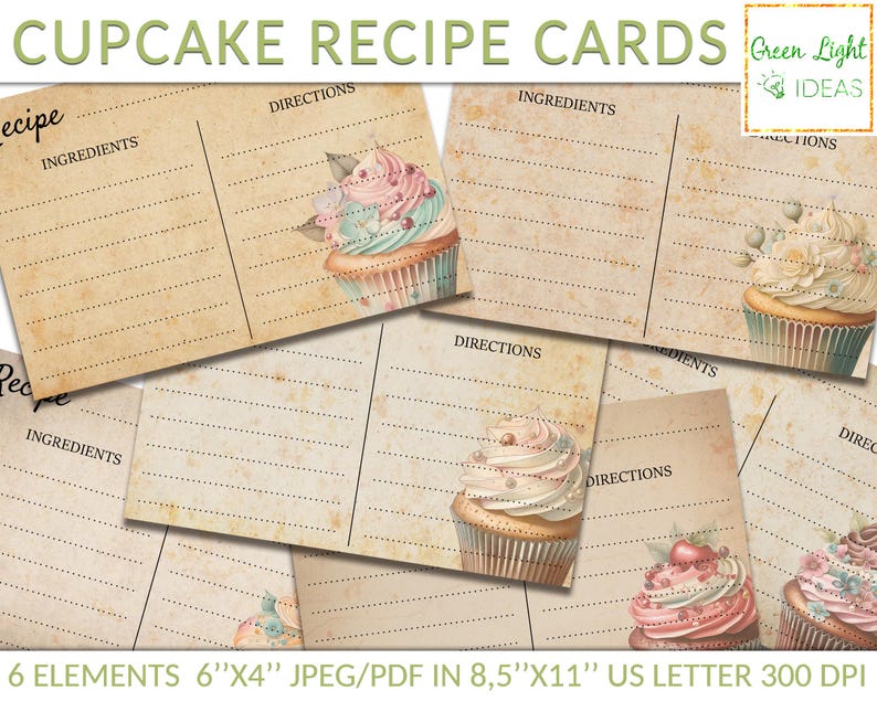 Vintage Cupcake Recipe Cards, Printable Cook Book Collage Sheet, Retro ...