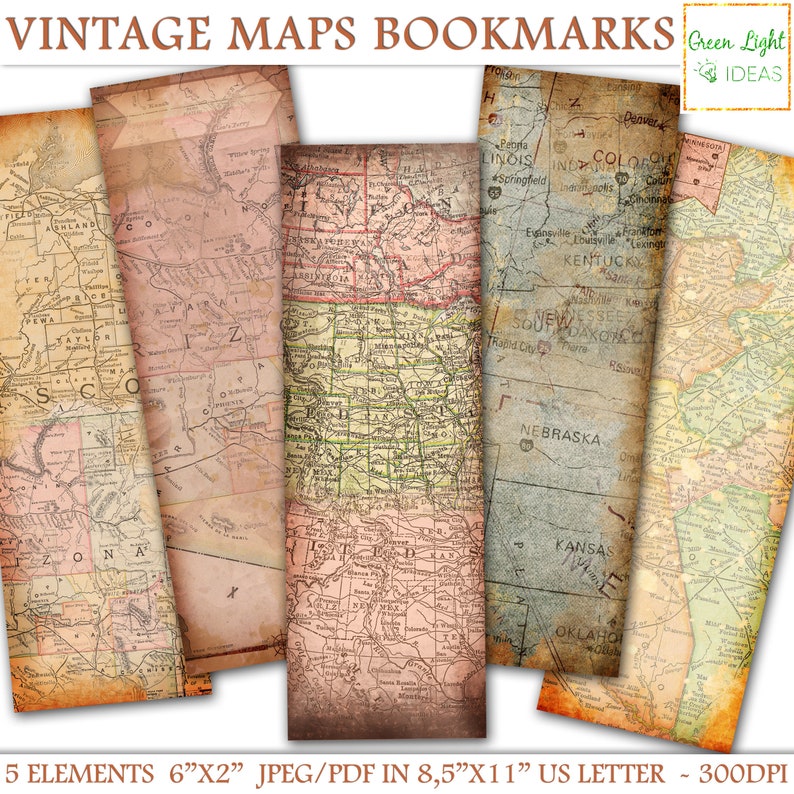 Printable Bookmarks, Vintage Maps Bookmarks, Digital Bookmark, Digital ...
