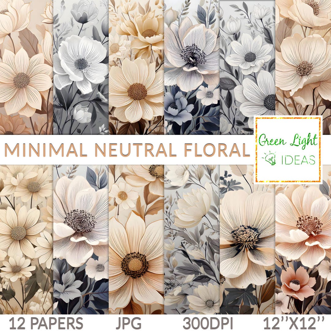 Minimal Neutral Floral Digital Papers, Minimalist Flowers Scrapbook ...