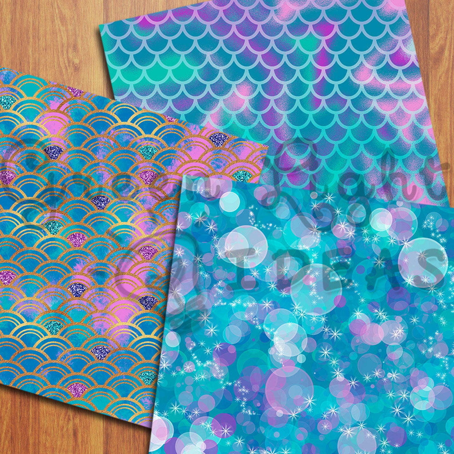 Mermaid Digital Papers, Mermaid Scales Printable Papers, Undersea ...