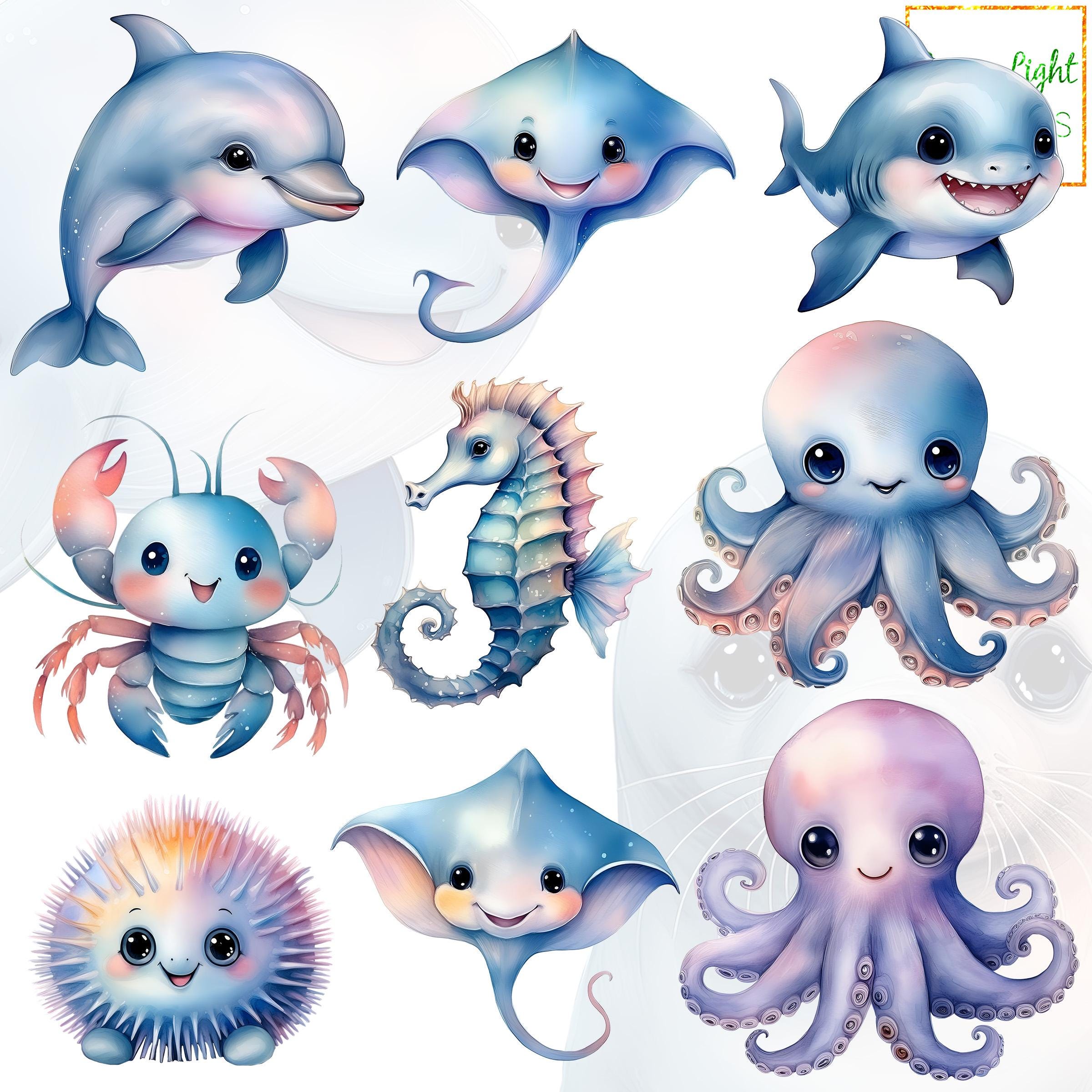 Cute Sea Animals Clipart, Ocean Life Illustrations, Watercolor Sea ...