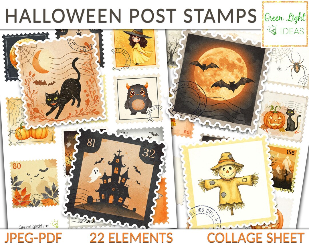 Halloween Postage Stamps Junk Journal Ephemera, Spooky Printable ...