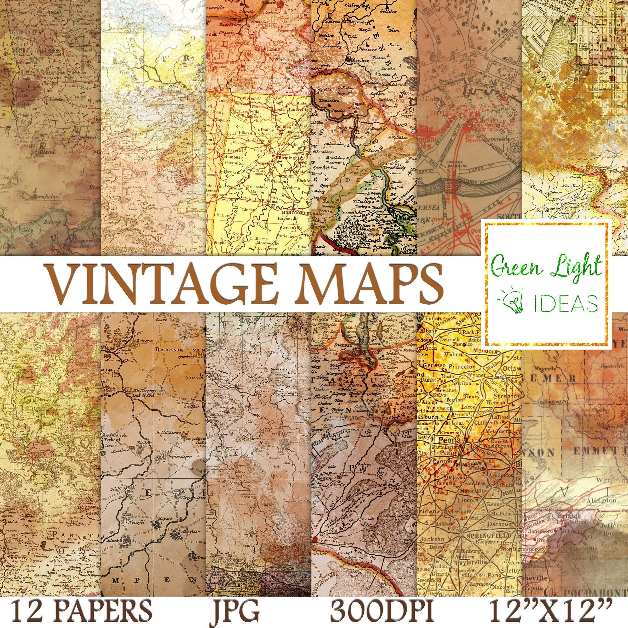 Vintage Maps Digital Papers, Ephemera Scrapbook Papers, Old Maps ...