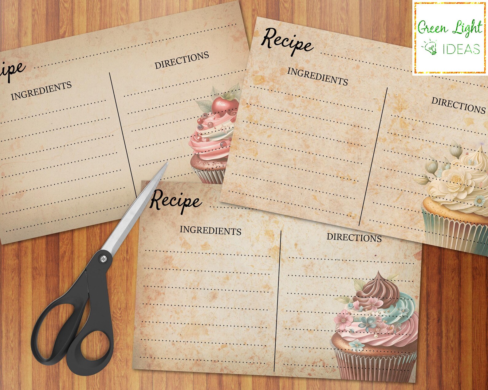 Vintage Cupcake Recipe Cards, Printable Cook Book Collage Sheet, Retro ...