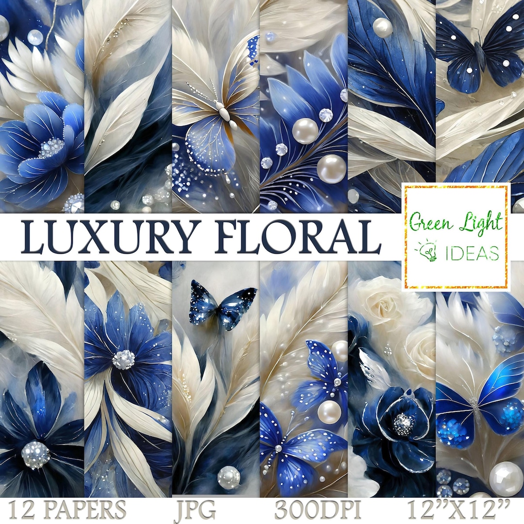 Blue Luxury Digital Paper, Blue Flowers Scrapbook Papers, Blue and ...