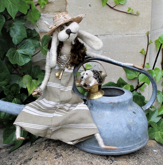 Art Dolls LARGE FELT HARE DollMiniature Needle Felt HedgehogPrimitive ...