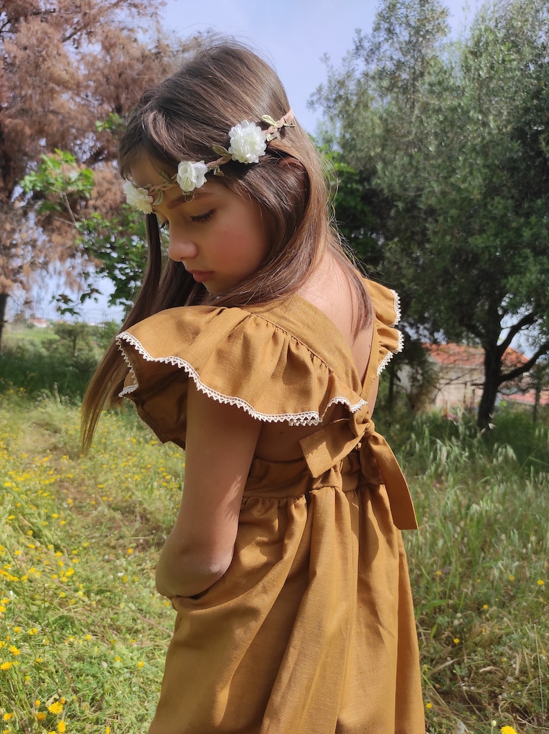 Mustard Linen Dress Flutter Sleeve Dress Girls Linen Dress - Etsy