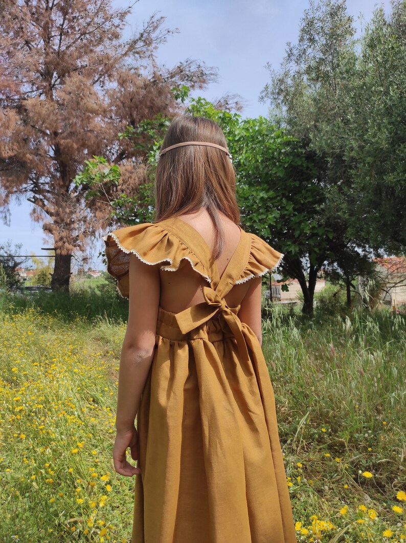 Mustard Linen Dress Flutter Sleeve Dress Girls Linen Dress - Etsy