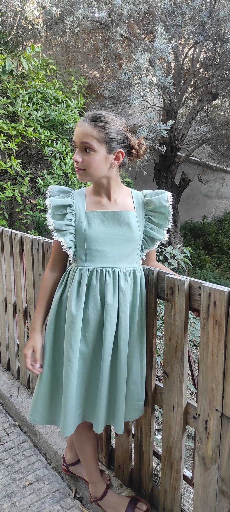 Mint Linen Dress Flutter Sleeve Dress Girls Linen Dress Linen Dress ...