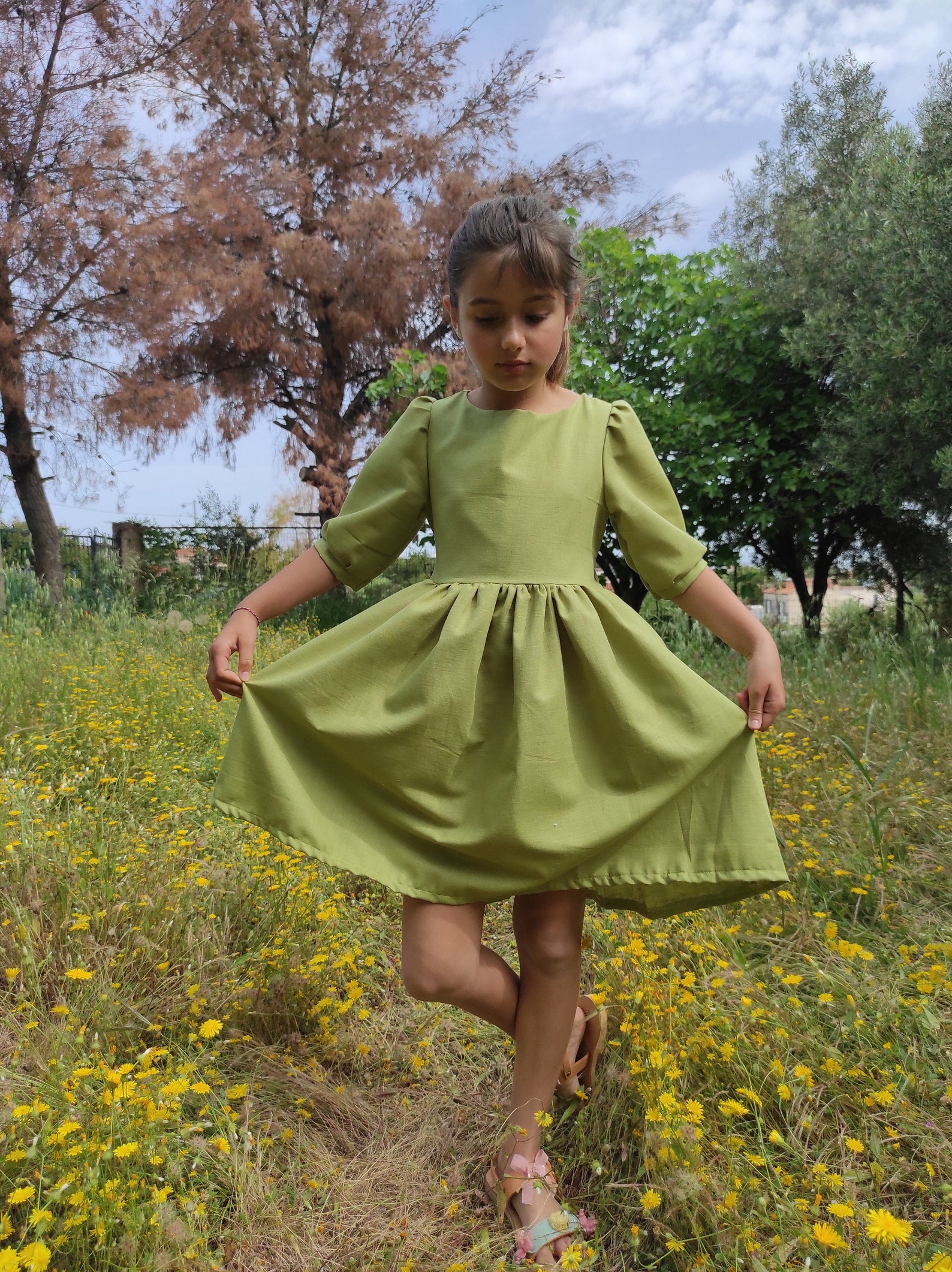 Green Linen Dress Girls Linen Dress Open Back Linen Dress Summer Linen ...