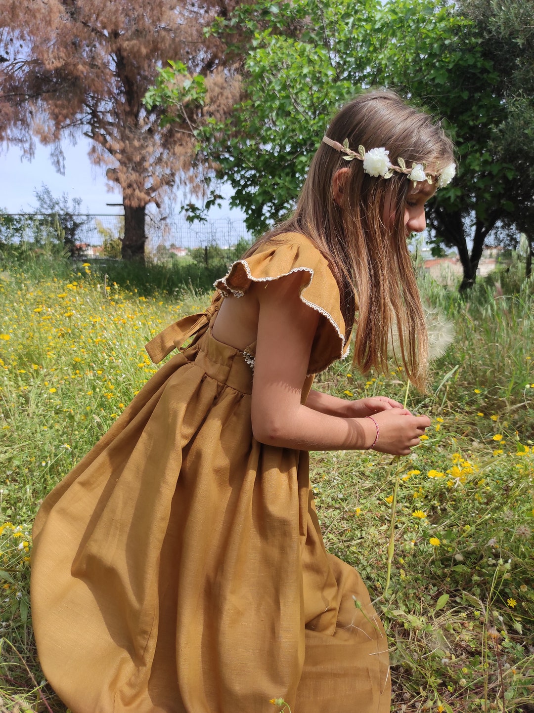 Mustard Linen Dress Flutter Sleeve Dress Girls Linen Dress Linen Dress ...