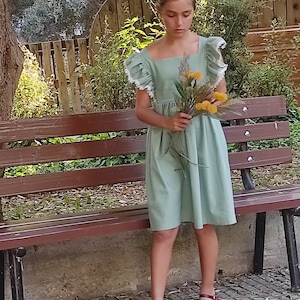 Mint Linen Dress Flutter Sleeve Dress Girls Linen Dress Linen Dress ...