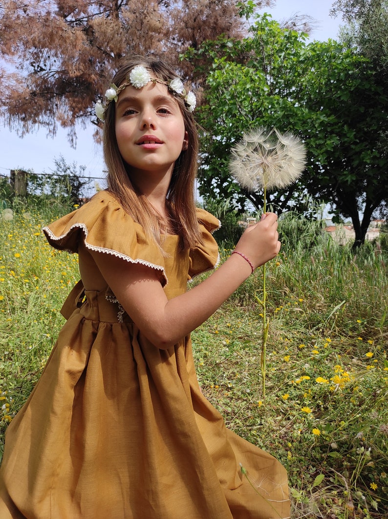 Mustard Linen Dress Flutter Sleeve Dress Girls Linen Dress - Etsy