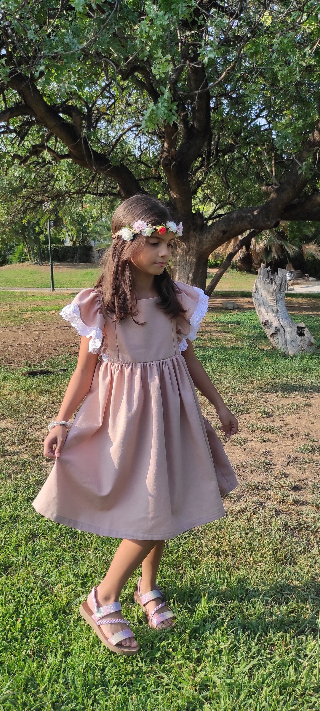 Pink Linen Dress Flutter Sleeve Dress Girls Linen Dress Linen Dress