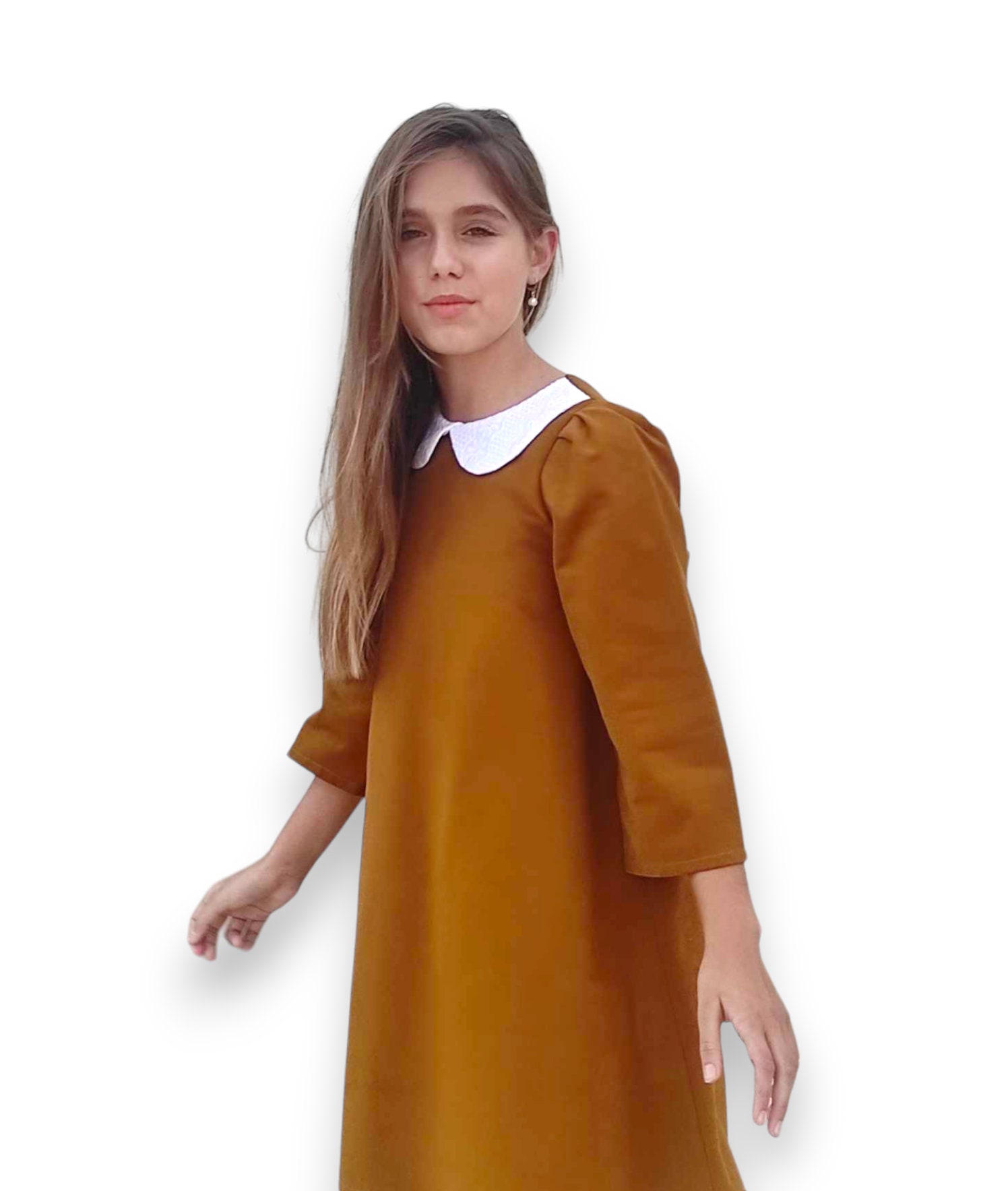 Peter Pan Collar Dress, Mustard A Line Dress, Mustard Girls Dress ...
