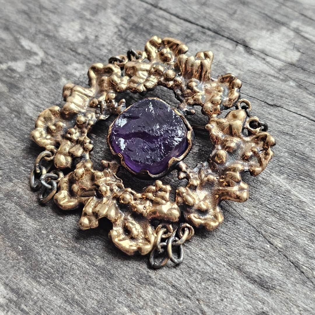 Vintage Finnish Brutalist Bronze & Raw Amethyst Brooch Kaarna Bark by ...