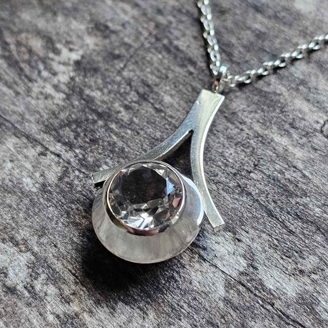 1960s Finnish Modernist Silver & Rock Crystal Necklace Pendant by Tuomo ...