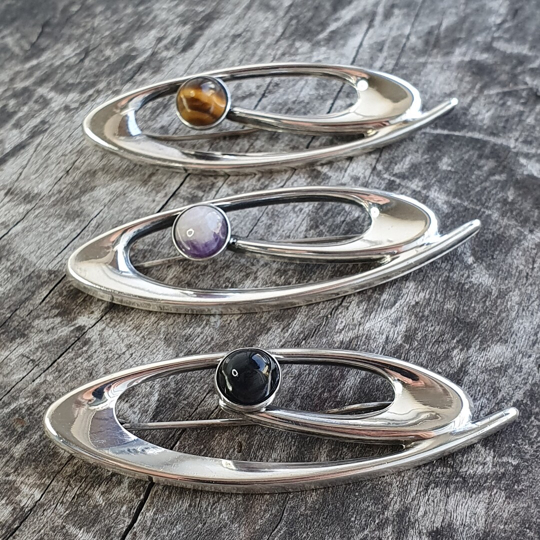 Vintage Modernist 1960s Finnish Silver Brooch Tigers Eye Hawks Eye ...