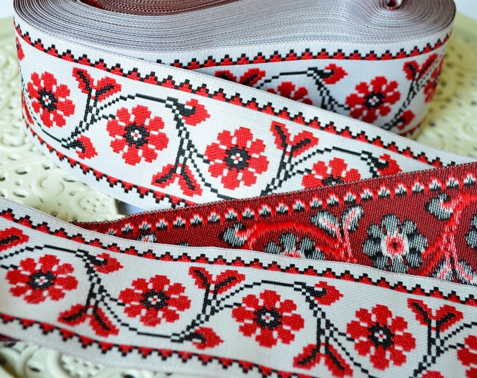 Ethnic Trim Jacquard Ribbon Trim With Flowers White, Red, Black ...