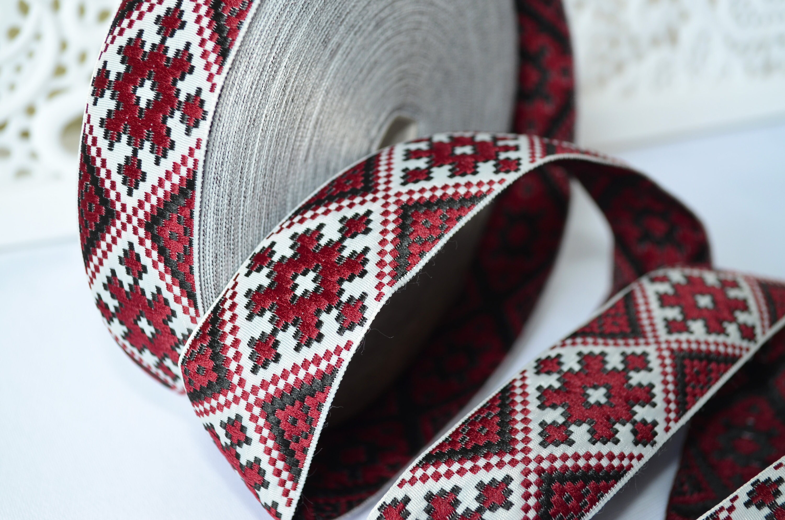 Embroidered ribbon trim Burgundy white black geometric trim by | Etsy