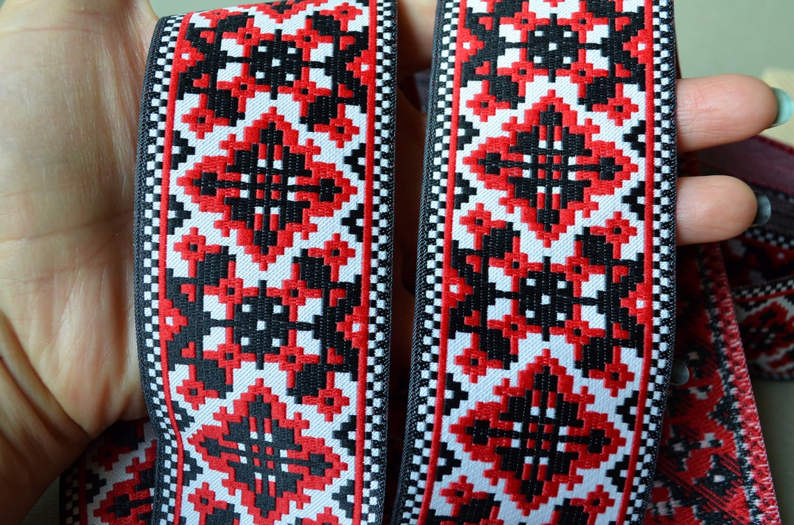 Ukrainian Trim Jacquard ribbon Red black white embroidery trim | Etsy