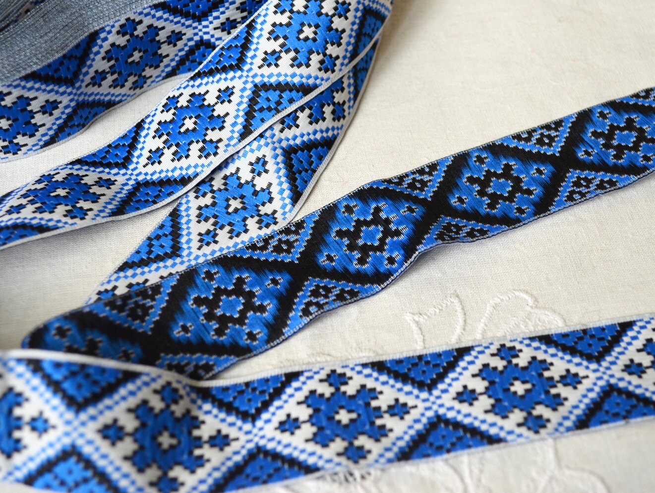 Jacquard ribbon trim Blue white black embroidery trim by | Etsy