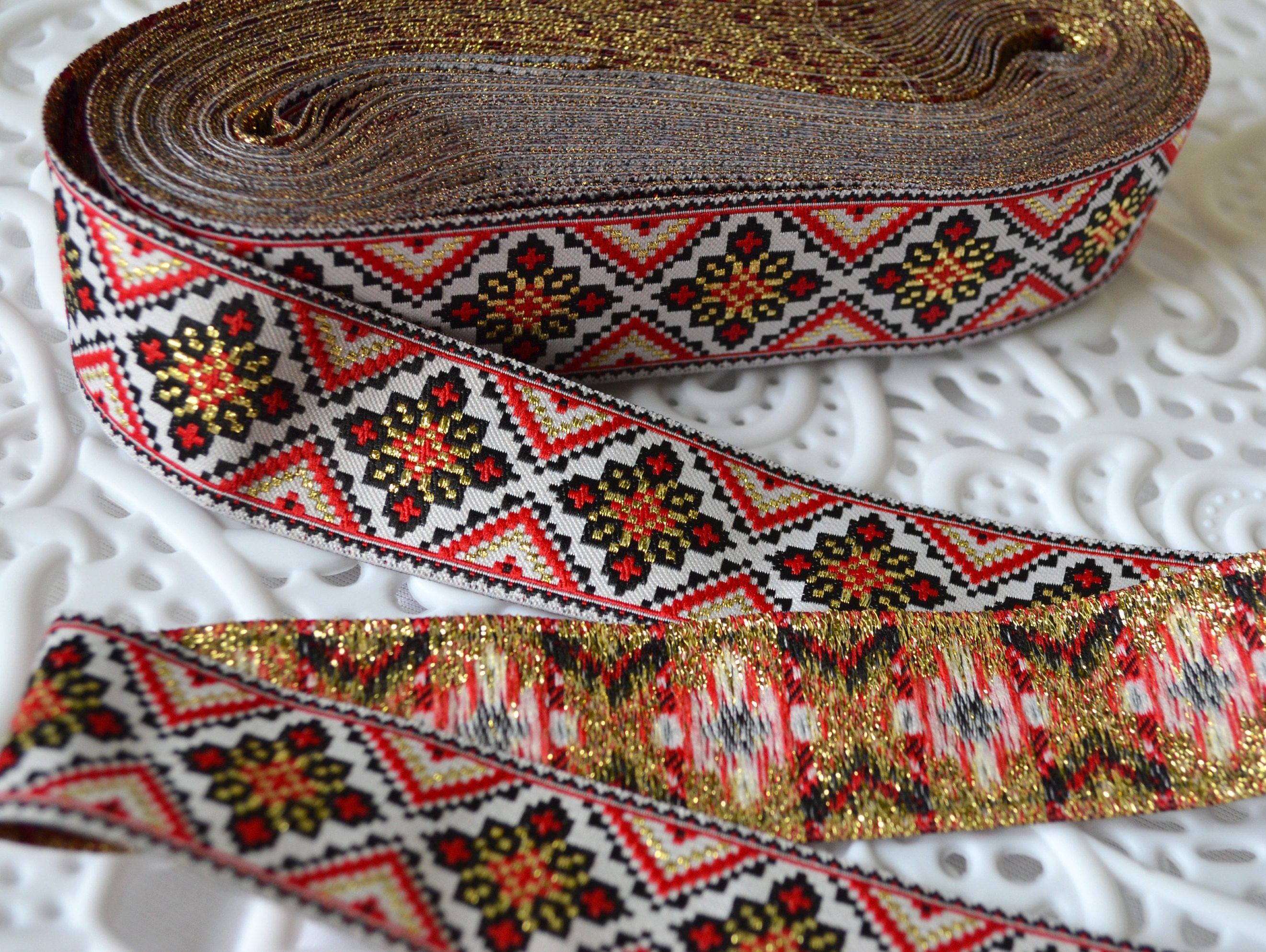 Ethnic ribbon trim Ukrainian design White gold red embroidery | Etsy