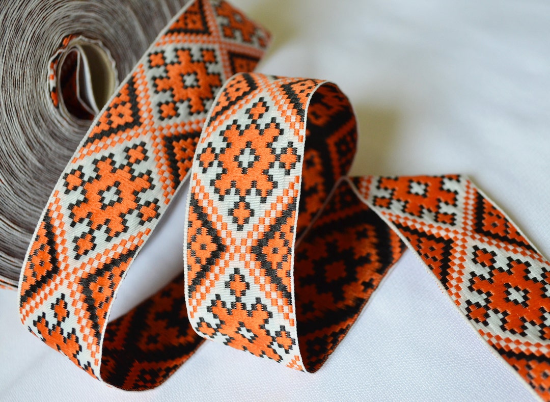 Geometric Ribbon Trim, Orange, White, Black Embroidery Trim by the Yard ...