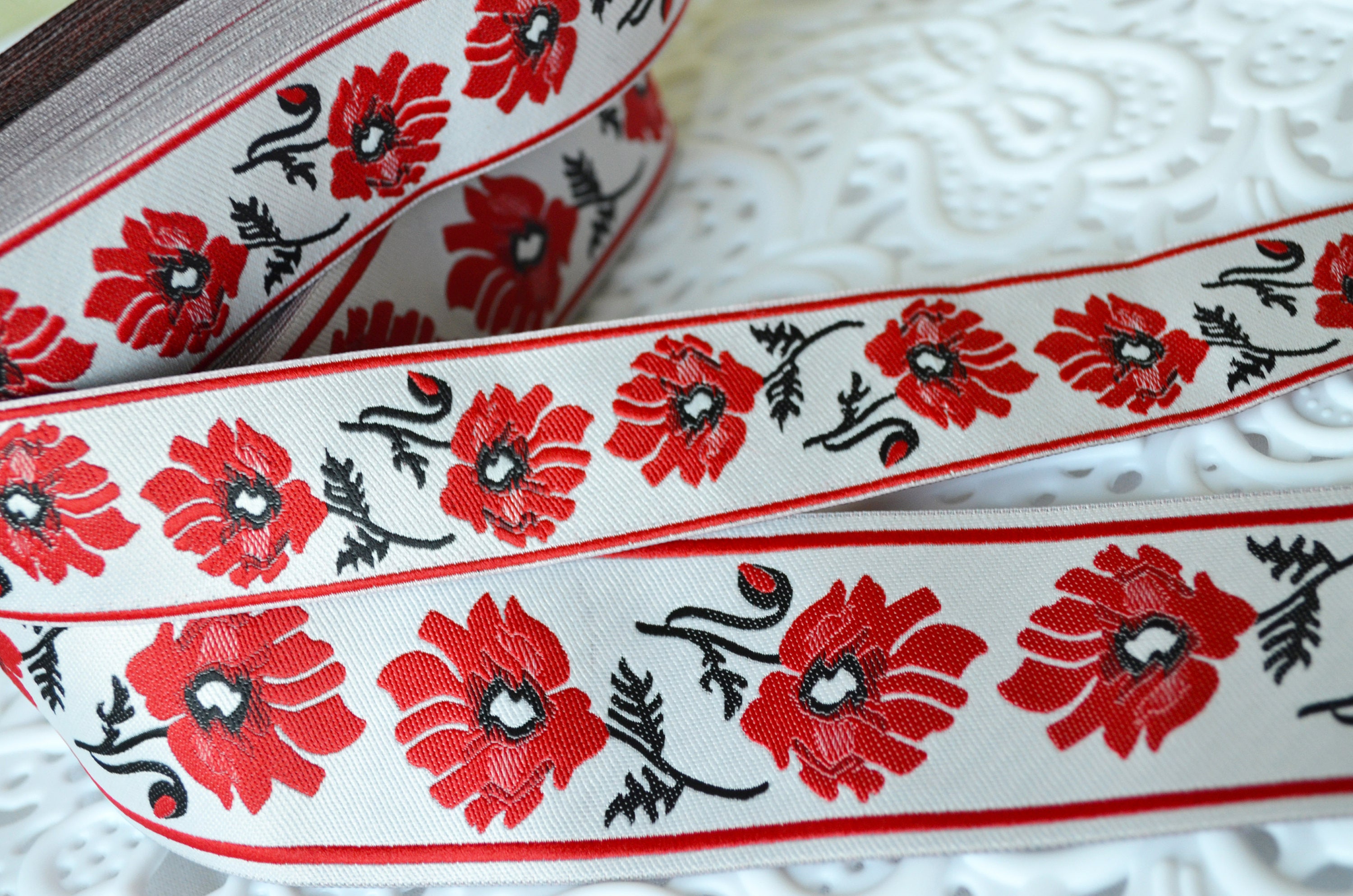 Red flower trim Floral woven border Poppy Jacquard ribbon trim | Etsy