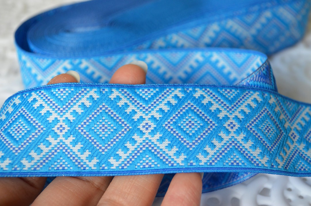 Jacquard Ribbon Trim, Blue, White Embroidery Trim, Woven Border ...