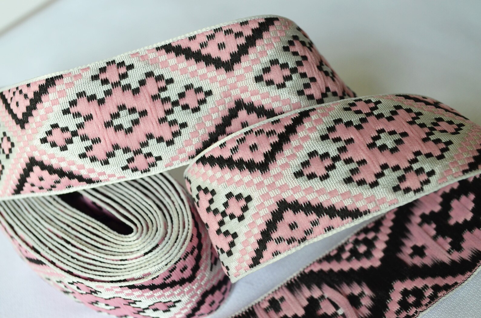 Jacquard Ribbon Trim, Pink, White, Black Embroidery Trim by the Yard ...
