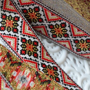 Ethnic Ribbon Trim Ukrainian Design White Gold Red Embroidery Jacquard ...