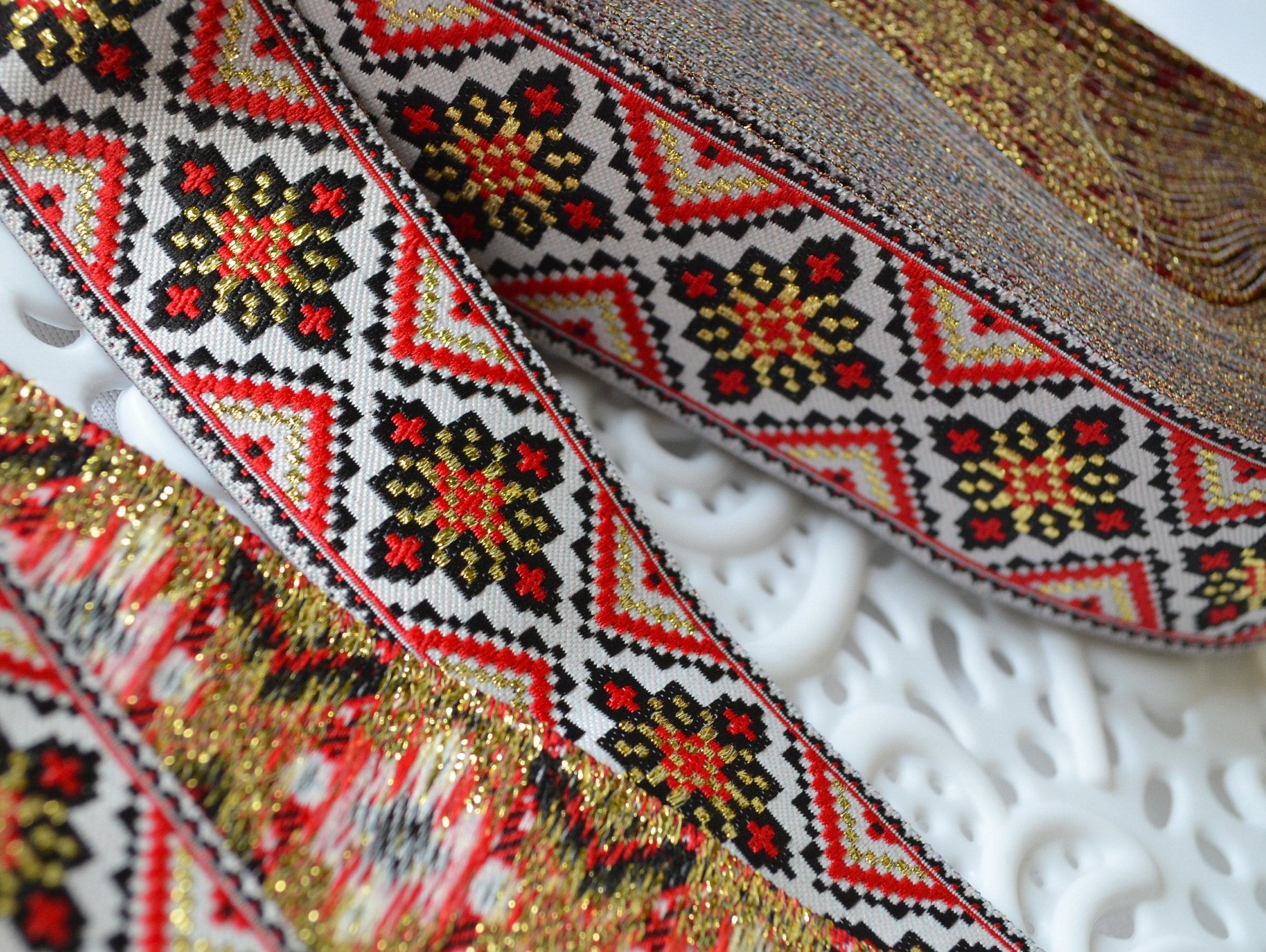 Ethnic ribbon trim Ukrainian design White gold red embroidery | Etsy