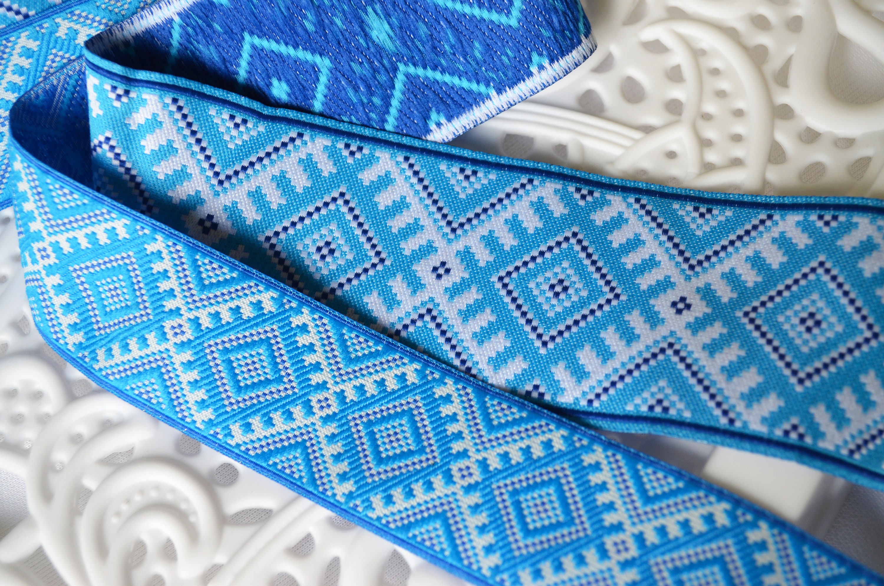 Jacquard Ribbon Trim Blue White Embroidery Trim Woven | Etsy