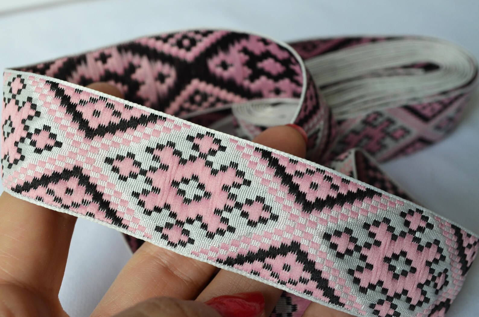 Jacquard Ribbon Trim, Pink, White, Black Embroidery Trim by the Yard ...