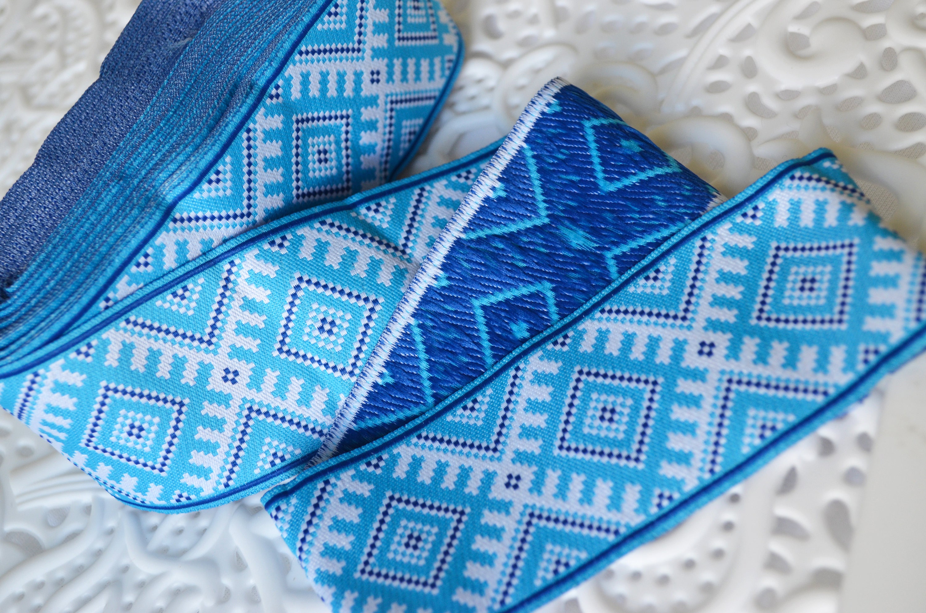 Blue Ethnic Trim, Jacquard Ribbon Trim, Woven Border, Embroidery Trim ...