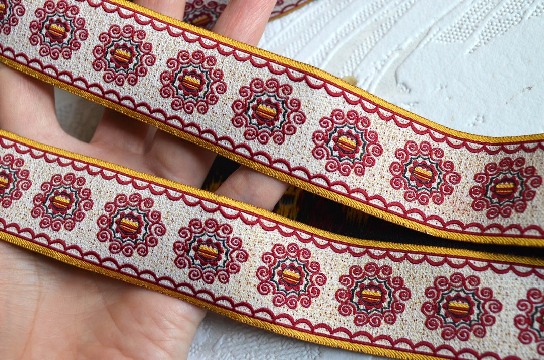 Ukrainian Ethnic Ribbon Red White Gold Flowers Trim Floral Woven Border ...