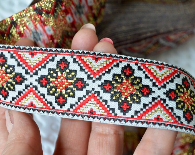 Ethnic Ribbon Trim Ukrainian Design White Gold Red Embroidery Jacquard ...