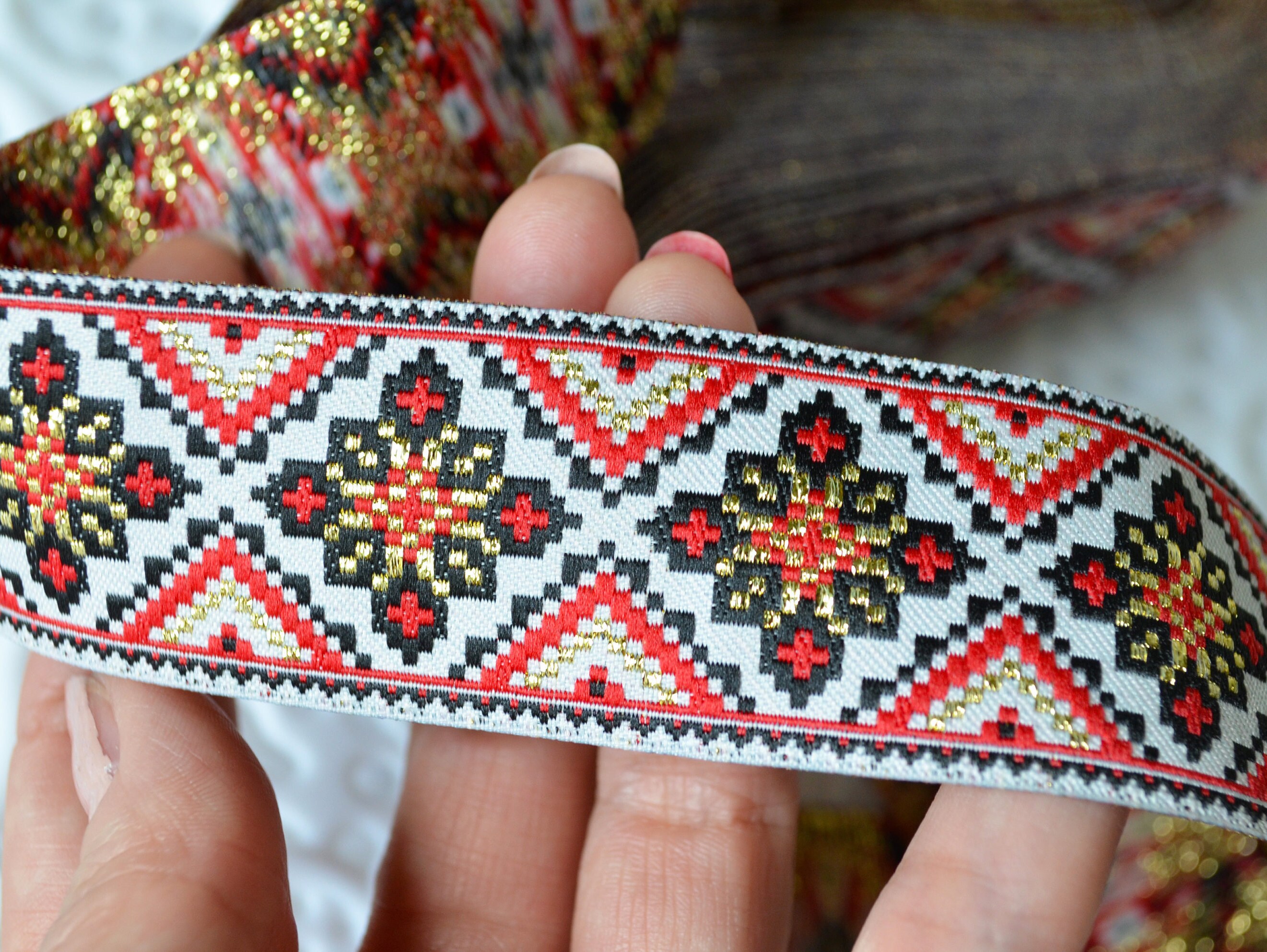 Ethnic ribbon trim Ukrainian design White gold red embroidery | Etsy