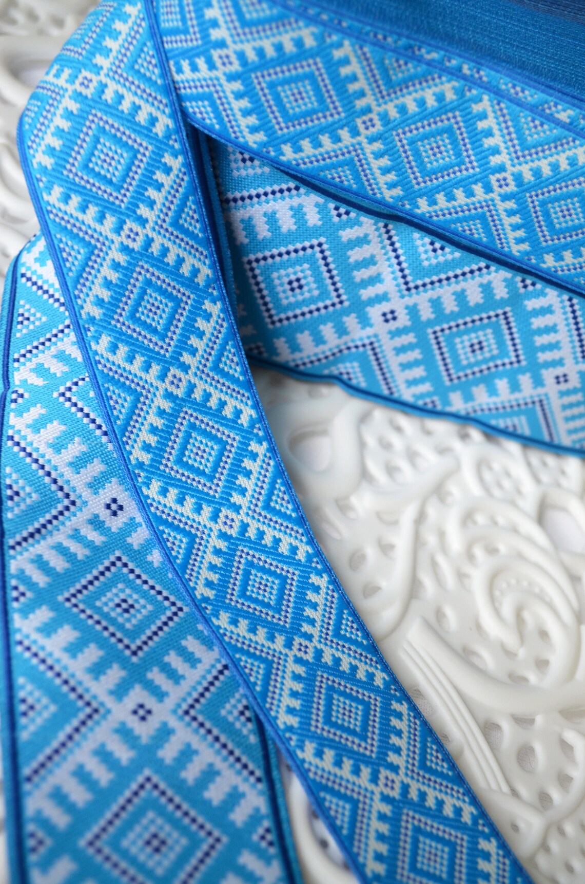 Blue Ethnic Trim, Jacquard Ribbon Trim, Woven Border, Embroidery Trim ...