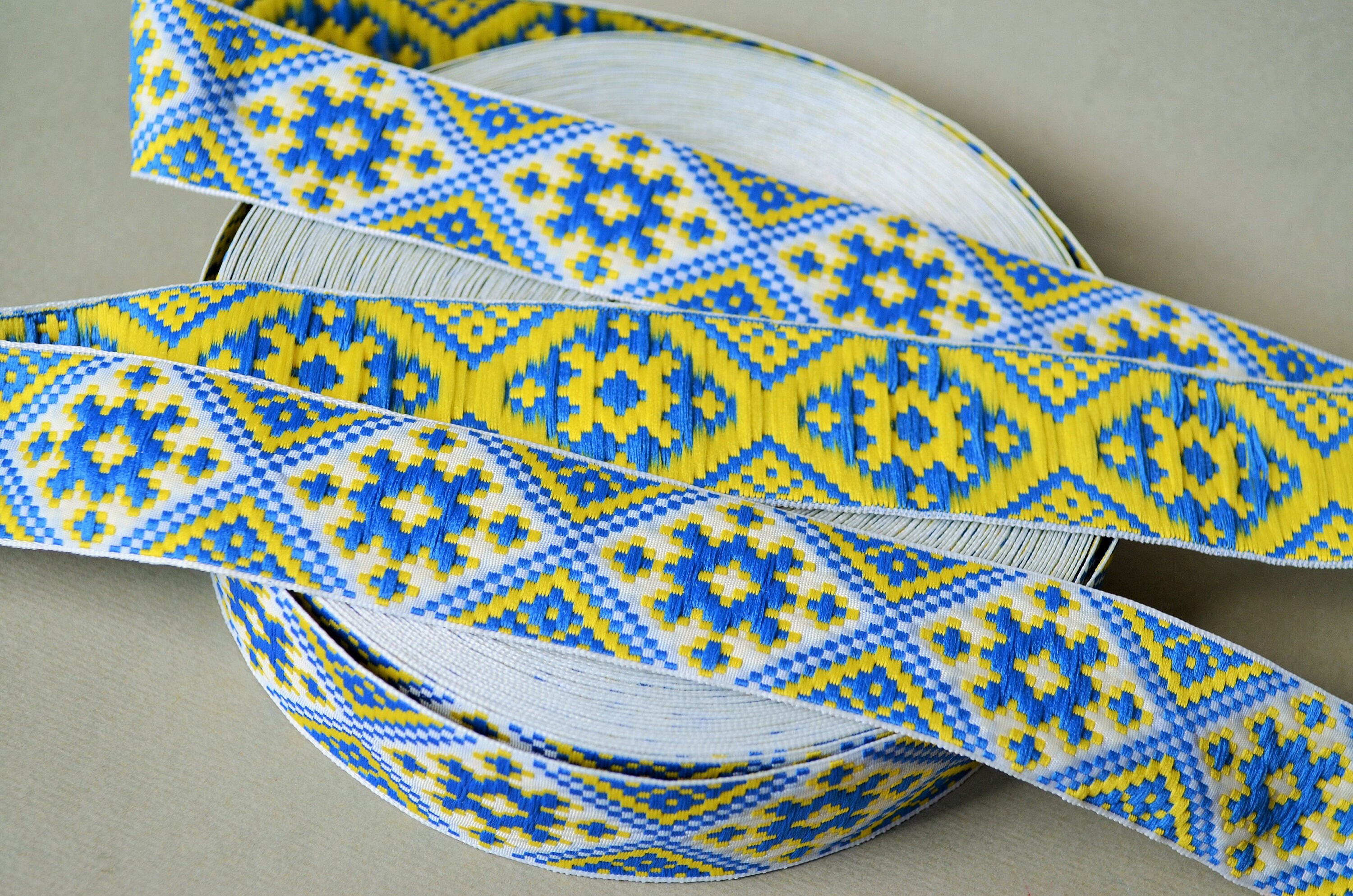 Jacquard ribbon trim Blue white yellow embroidery trim by the | Etsy