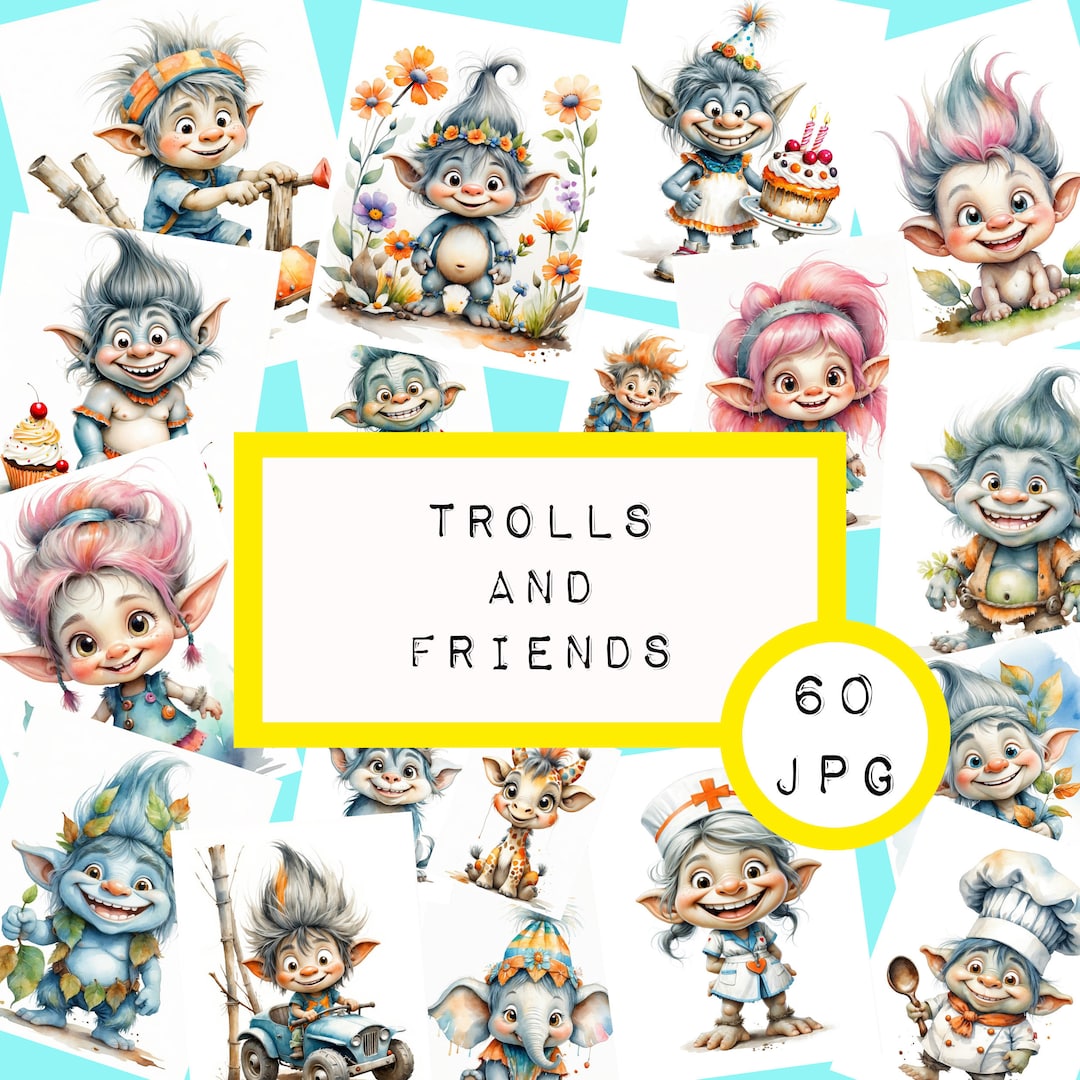 TROLLS and FRIENDS 60 AI Jpg Images, Watercolor Style, Cute Troll ...