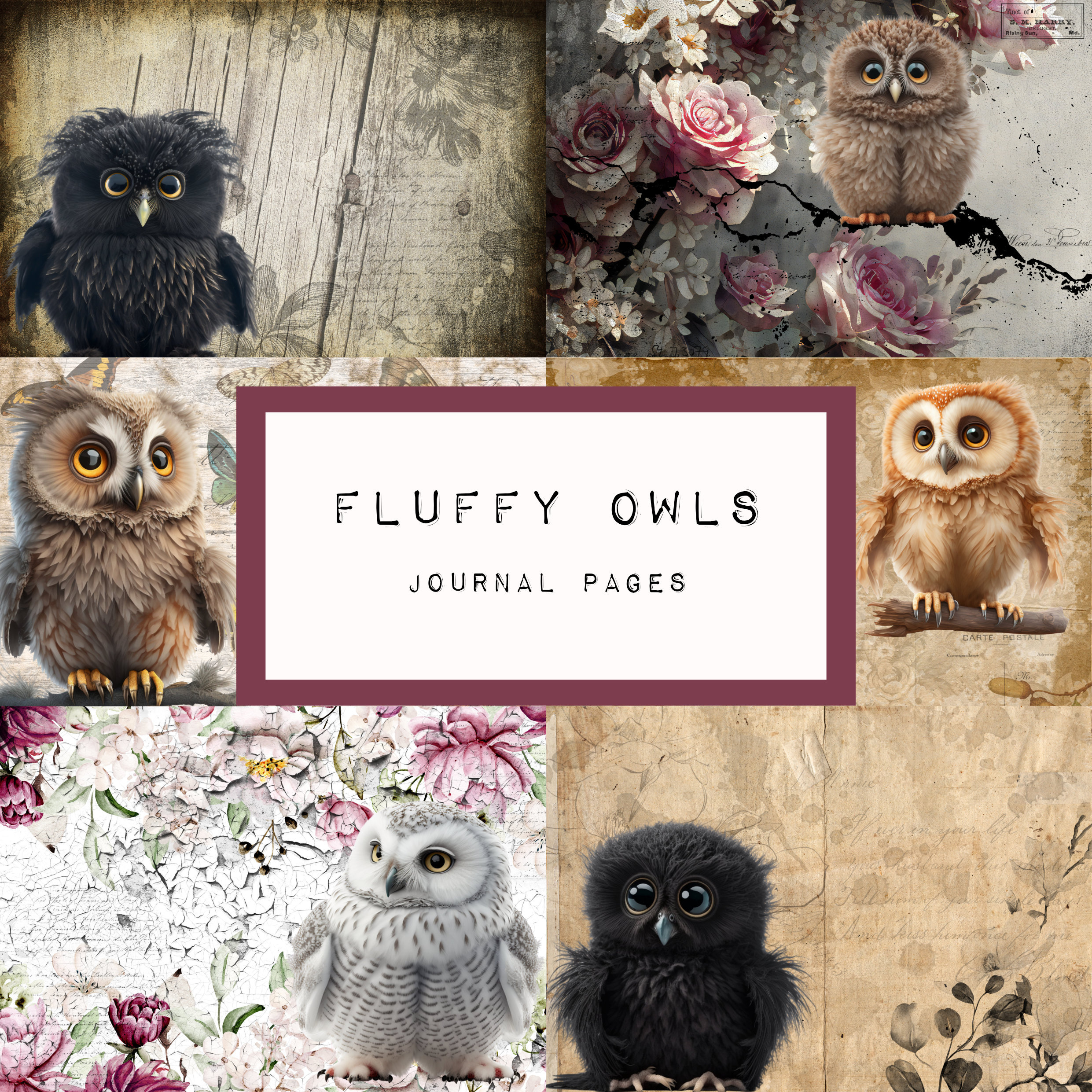 FLUFFY OWLS 6 Journal Pages, Digital Download, Junk Journal, Grungy ...