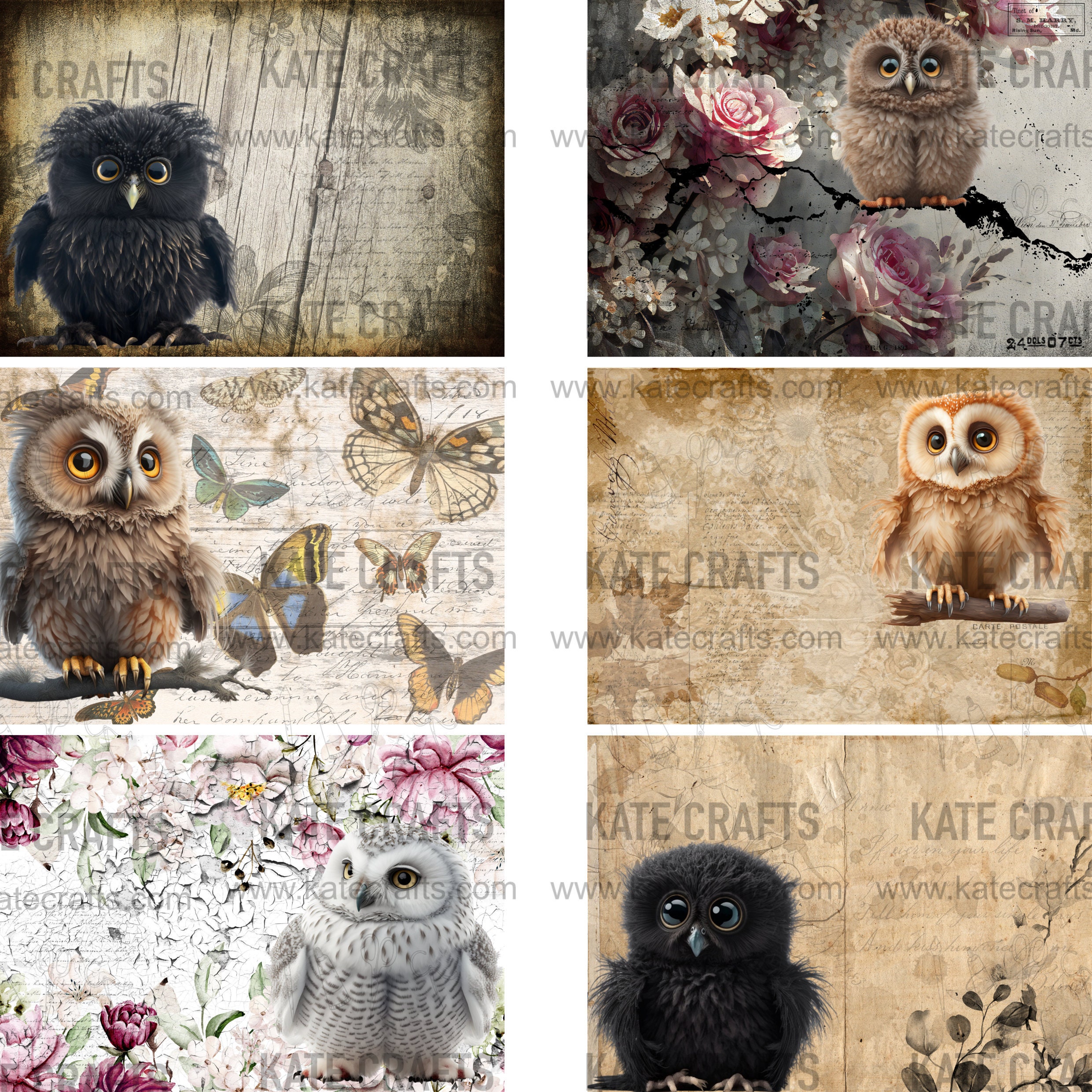 FLUFFY OWLS 6 Journal Pages, Digital Download, Junk Journal, Grungy ...