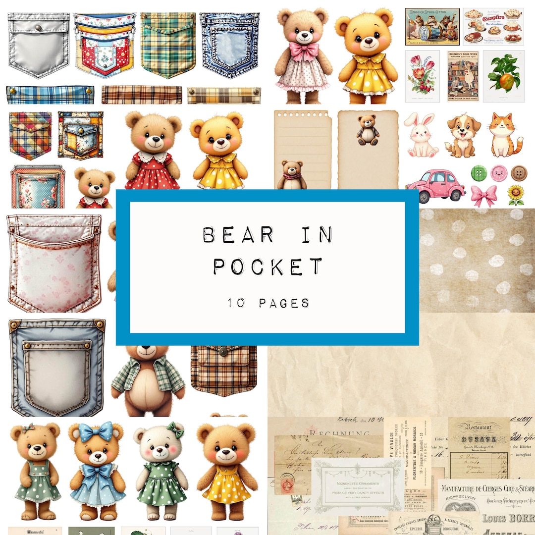 Bear in Pocket, 10 Pages Journal Material - Junk Journal, Digital ...