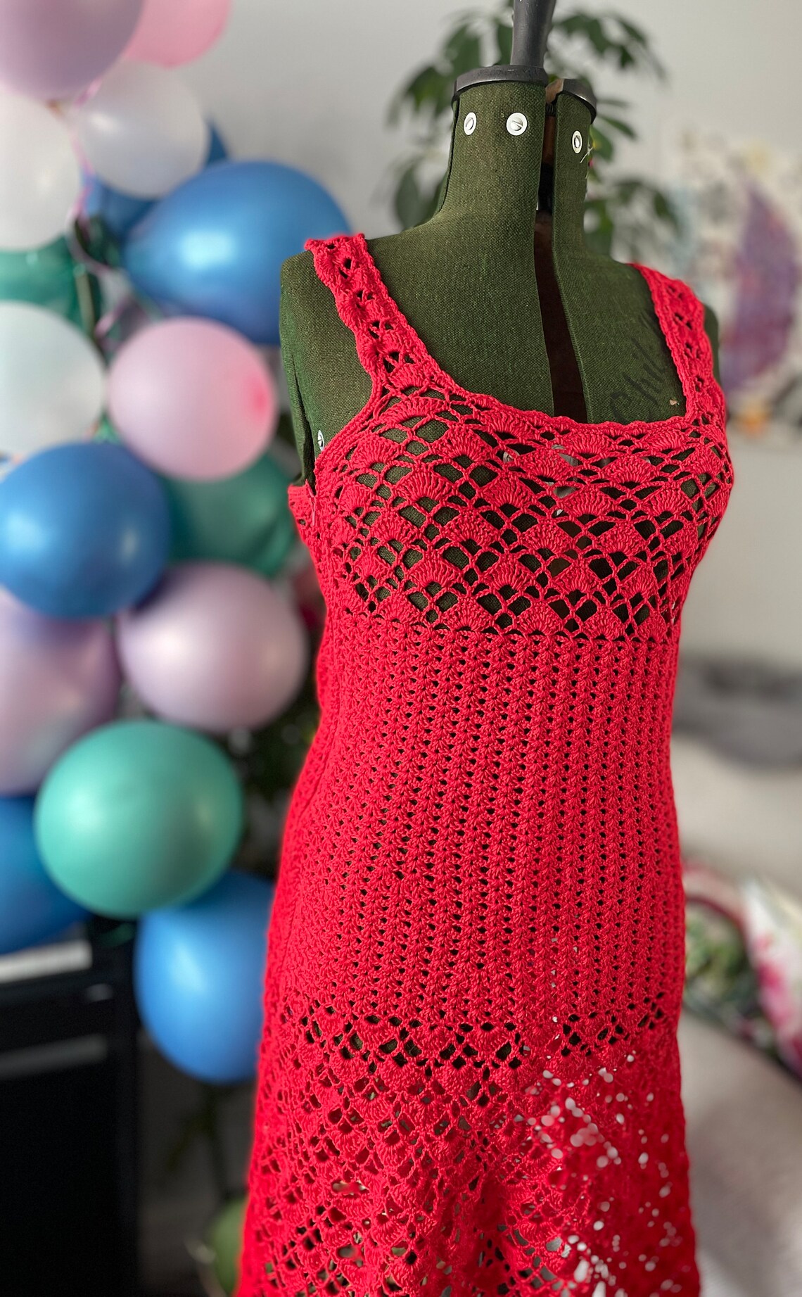Handmade Red Crochet Lace Dress 100% Cotton, UK Size 10/12, Knee Length ...